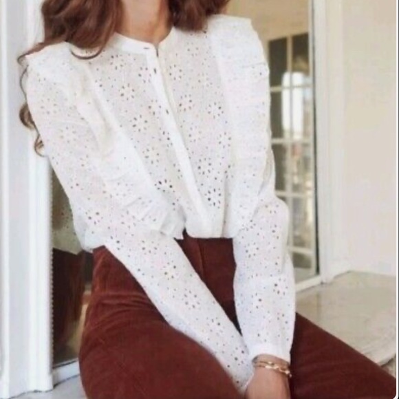 Sezane | Tops | Sezane White Cotton Eyelet Ruffled Isaure Blouse French ...